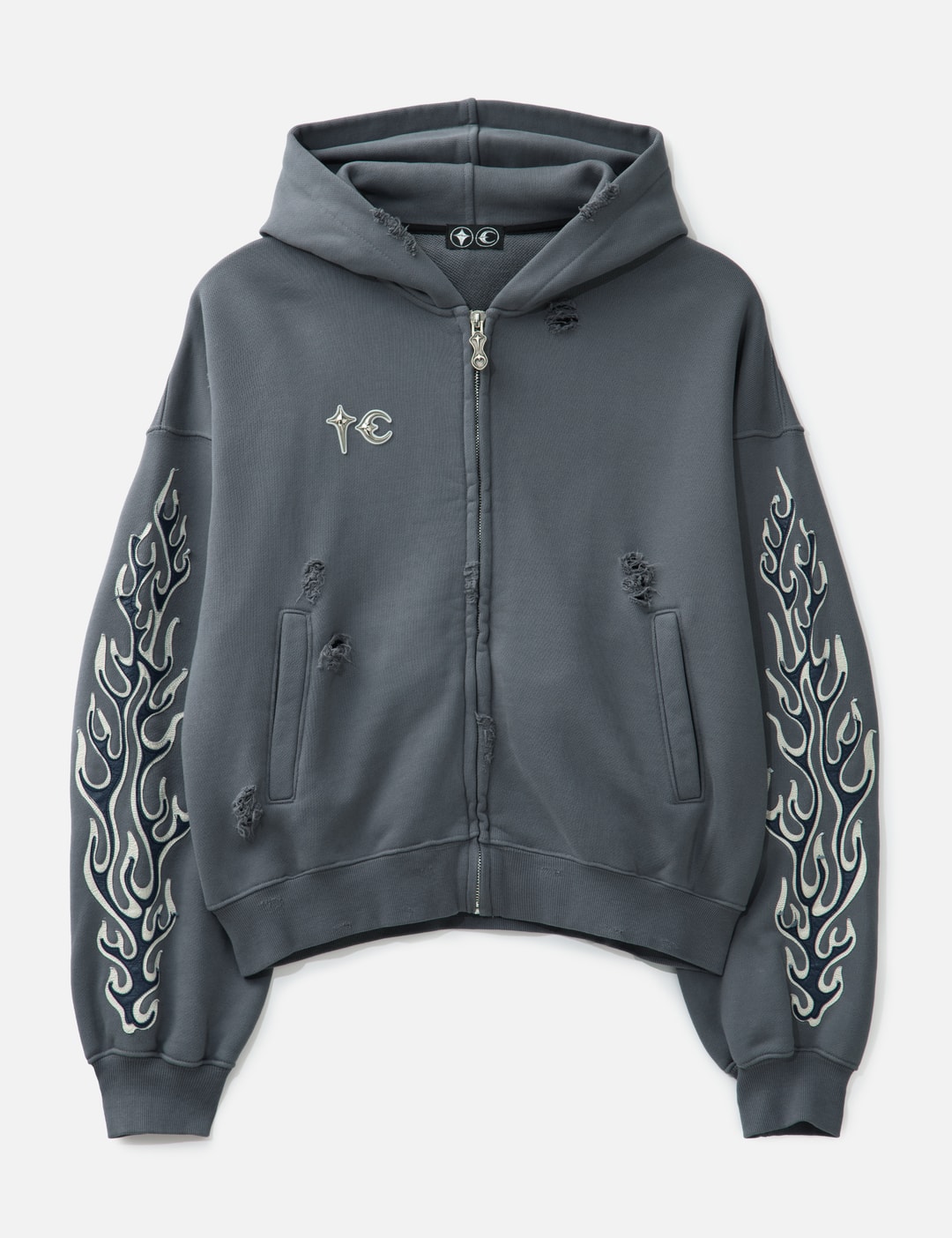 THUG CLUB Leather Flame Hooded Zip-up - Heavyweight cotton, distressed ...