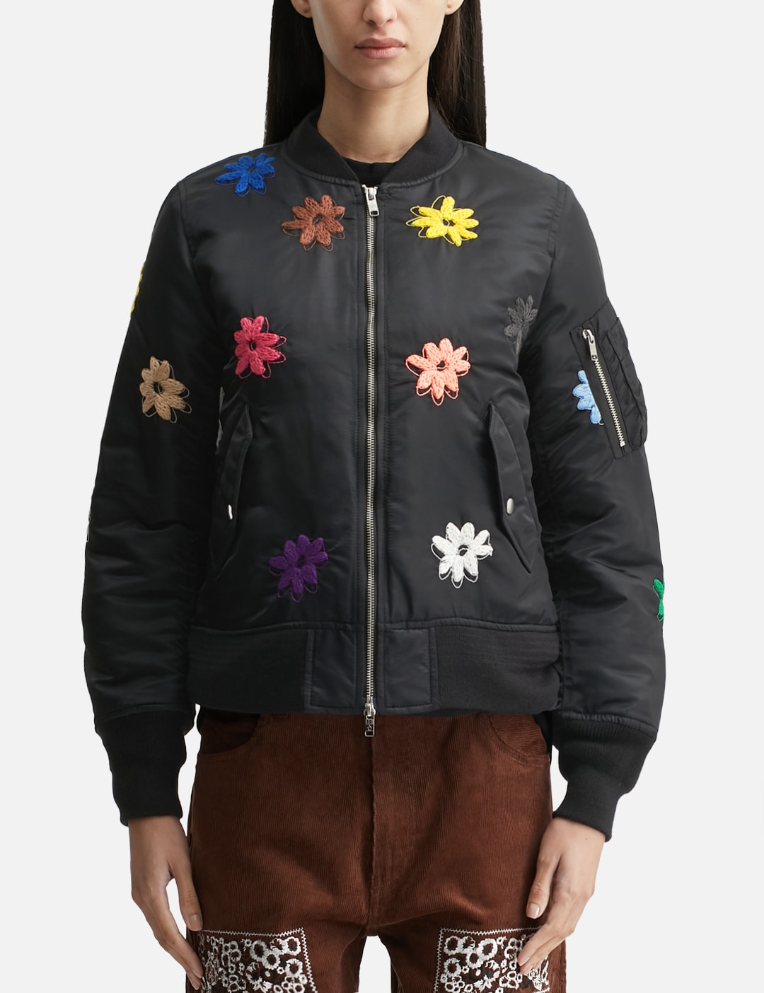NÒMARHYTHM TEXTILE Flower Embroidery Flight Jacket - Glossy nylon ...
