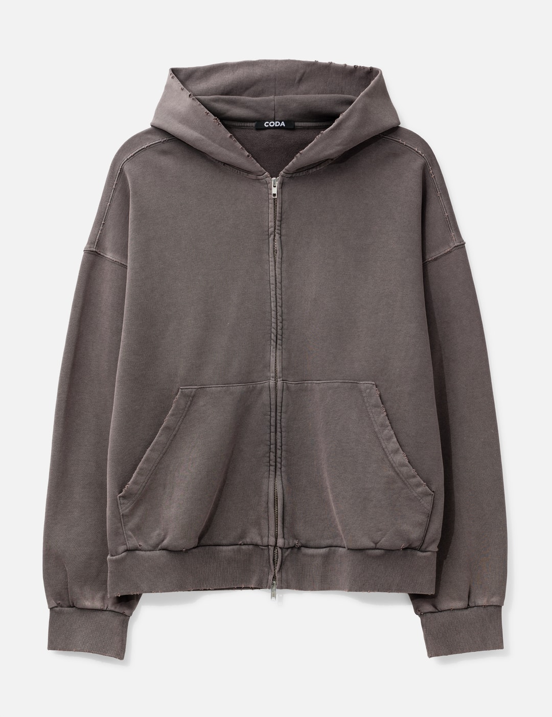 CODA Brown Washed Distressed Zip Up Hoodie - 寬鬆重磅棉做舊拉鏈帽衫，香港製造 | HBX