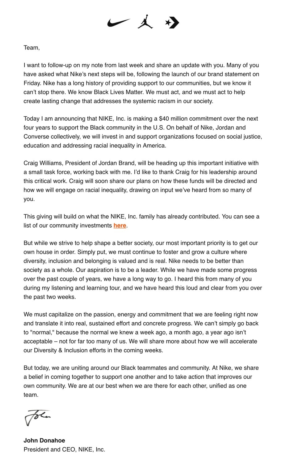 Nike Anti-Racism Statement Employee Letter | Hypebae