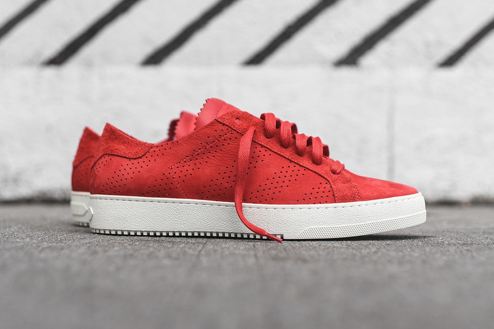 OFF-WHITE Red Perforated Striped Sneaker at Kith | Hypebeast