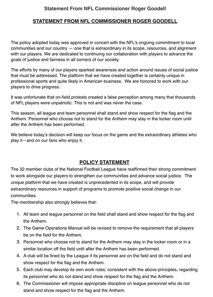 NFL to Require Players to Stand for the Anthem | Hypebeast