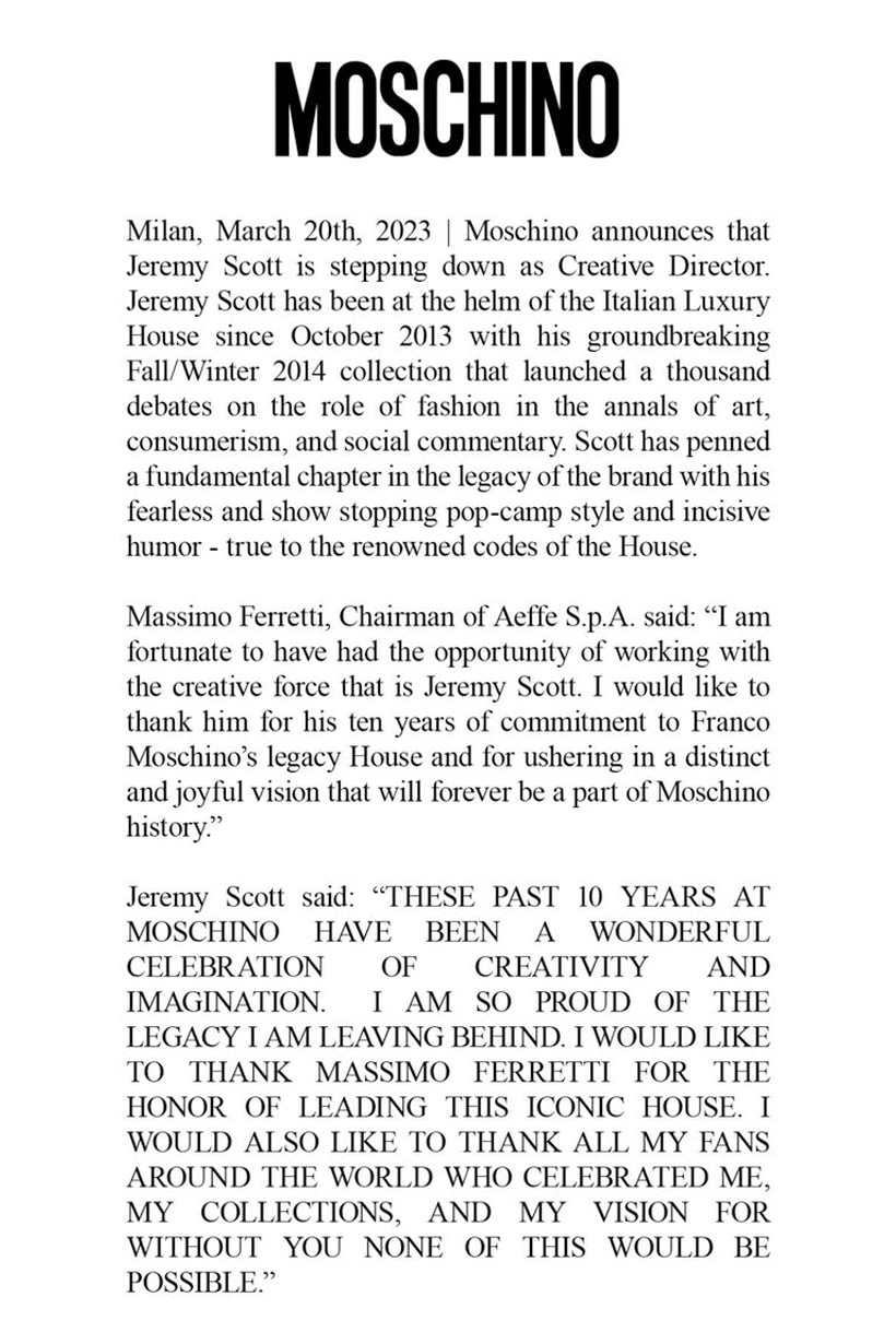 Jeremy Scott 宣布離開 Moschino，為總計 10 年的創意總監劃下句點！ - POPBEE