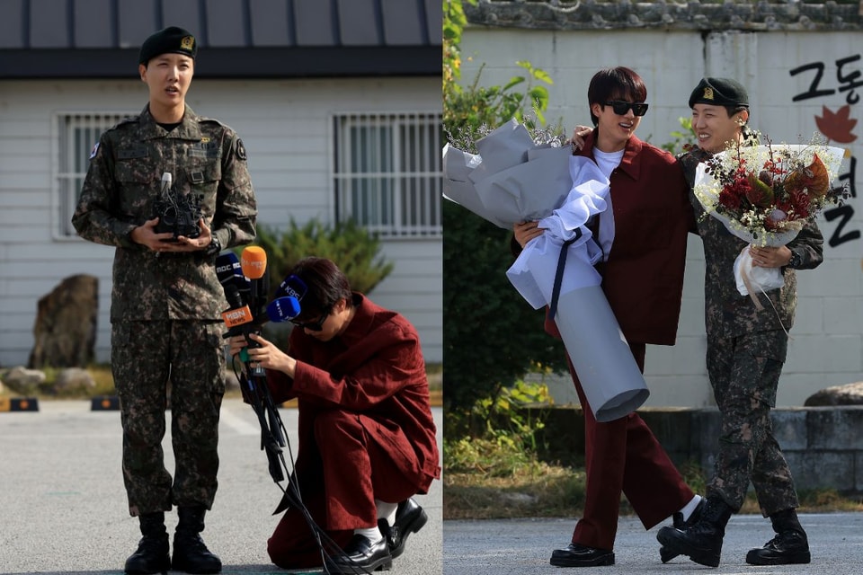 畫面超可愛：J-hope 退伍，大哥 Jin 一身 Gucci 充當人型麥架！ - POPBEE