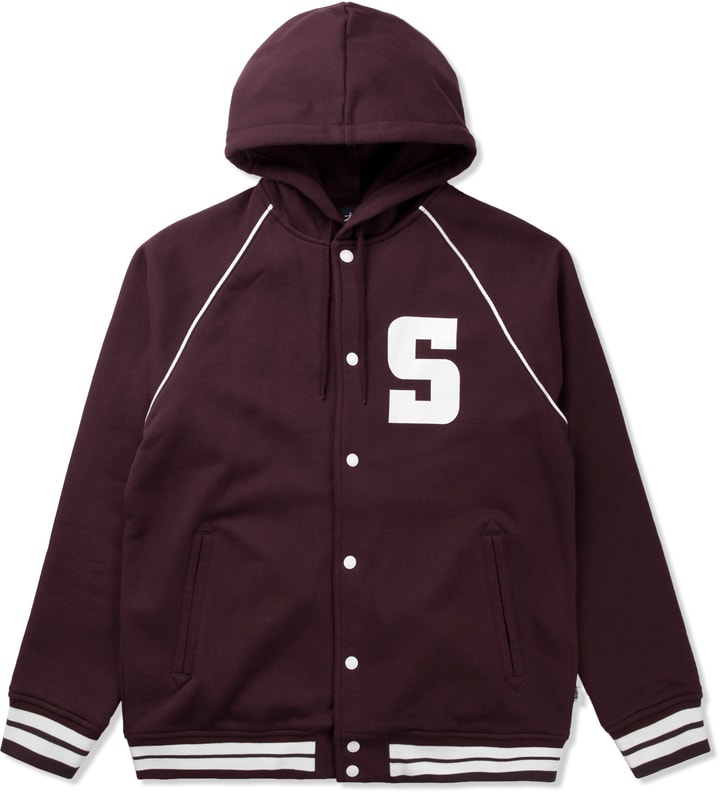 Stüssy - Maroon Hooded S Varsity Jacket | HBX - 하입비스트가 엄선한 글로벌 패션&라이프스타일