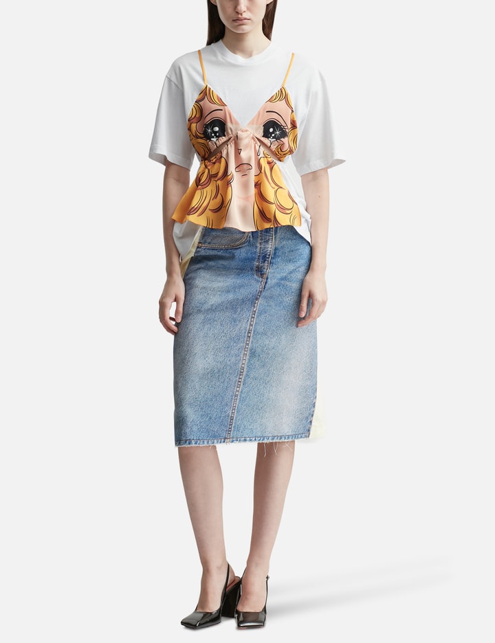 pushBUTTON Crying Girl Slip Layered Top - 白色層次短袖上衣，前幅挖空配彈性帶，腰部鬆緊設計 | HBX