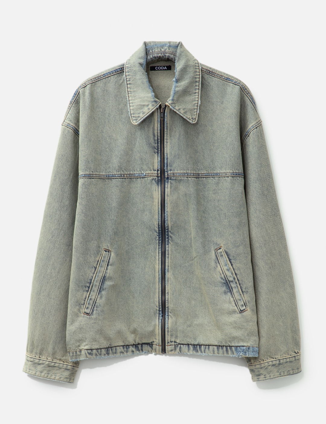 CODA - Indigo Acid Washed Distressed Denim Slant Jacket | HBX