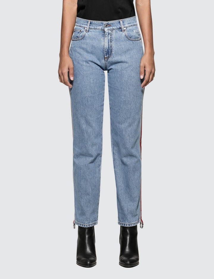 MSGM - Ribbed Msgm Logo Light Blue Washed Jeans | HBX - HYPEBEAST 為您搜羅全球潮流時尚品牌