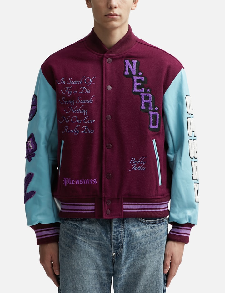 Pleasures - NERD VARSITY JACKET | HBX - HYPEBEAST 為您搜羅全球潮流時尚品牌