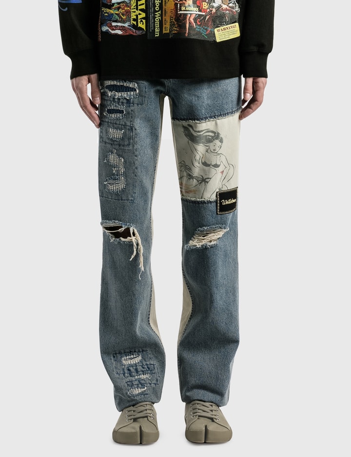 We11done - Blue Damage Washed Patch Work Denim Jeans | HBX - Globally Curated Fashion and ...