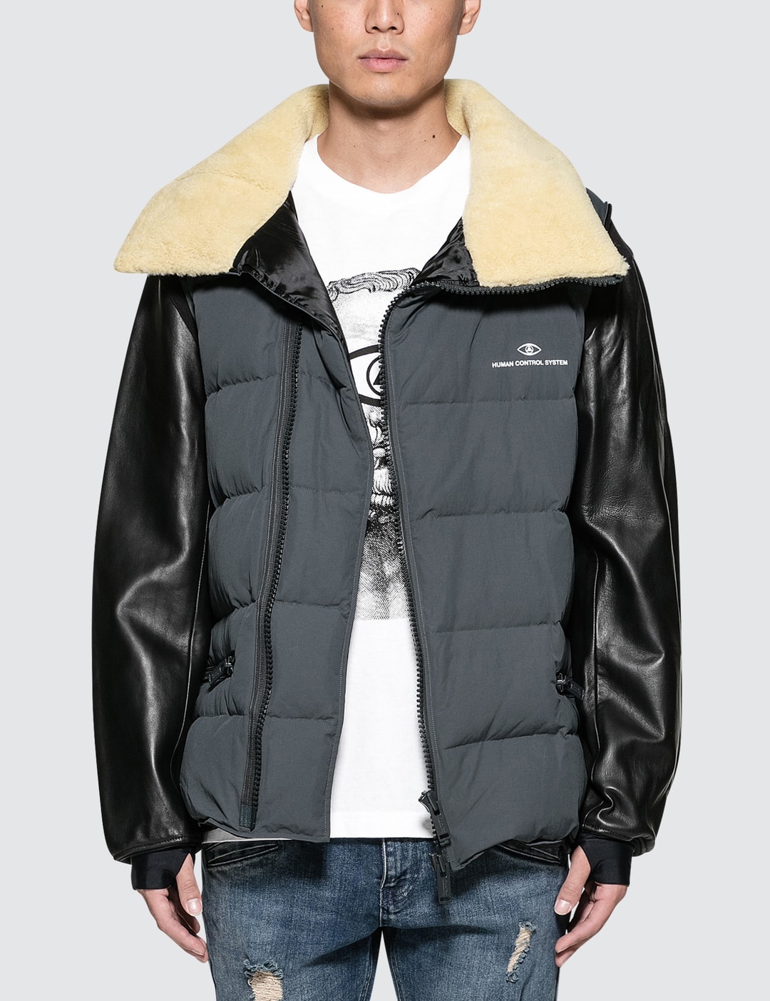 Undercover - Puffer Jacket With Shearling Collar And Leather Sleeve | HBX