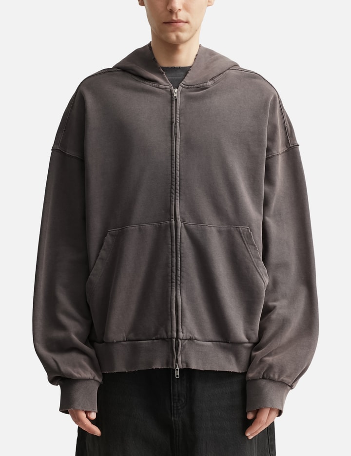 CODA Brown Washed Distressed Zip Up Hoodie - 寬鬆重磅棉做舊拉鏈帽衫，香港製造 | HBX