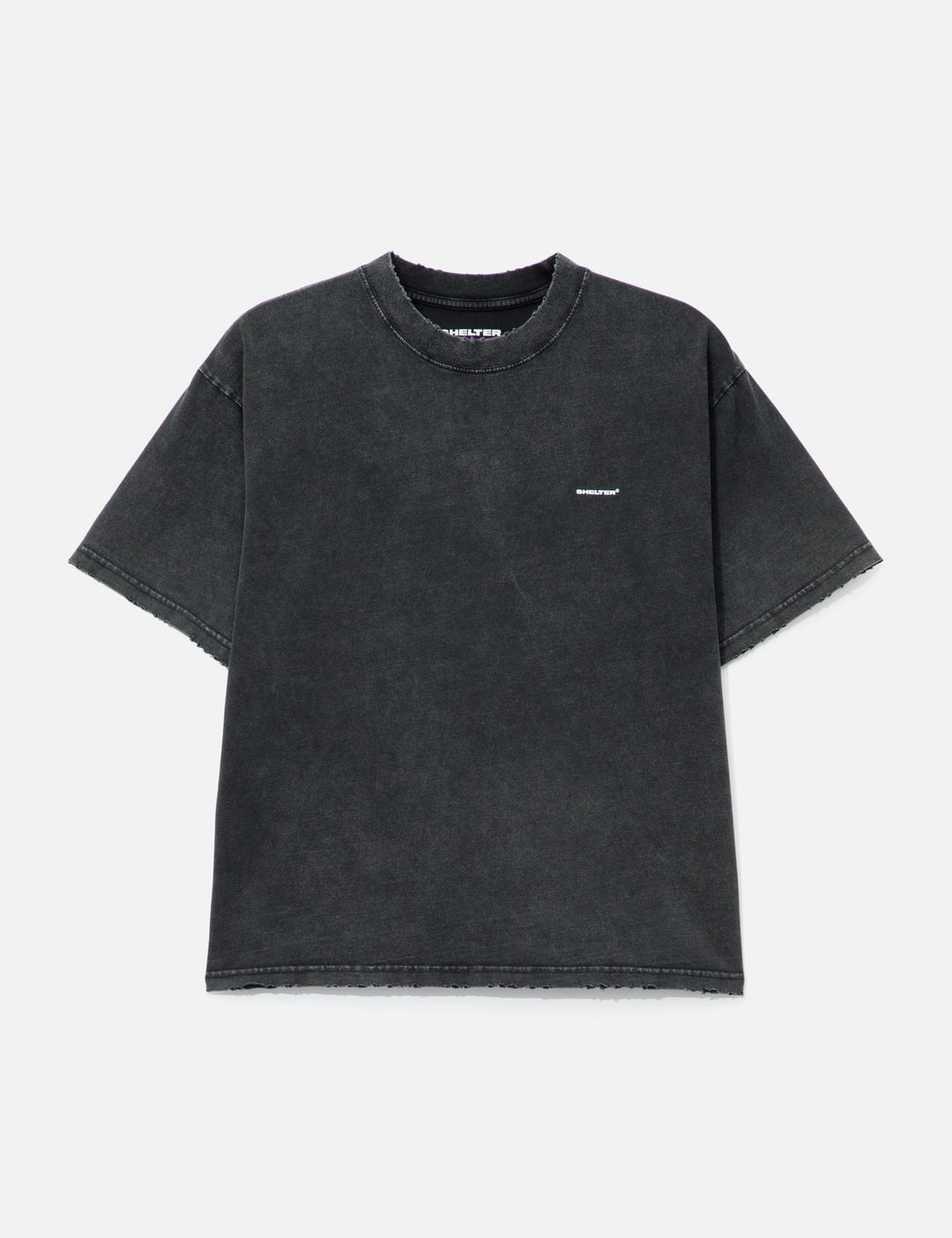 SHELTER SHELTER "Logo" Washed Tee - Black cotton tee with distressed ...