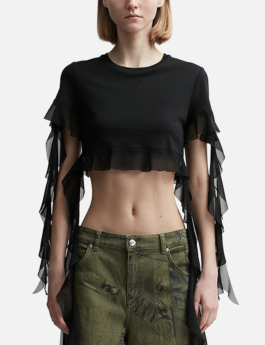 Blumarine - Cropped T-Shirt with Ruffles and Flounces | HBX