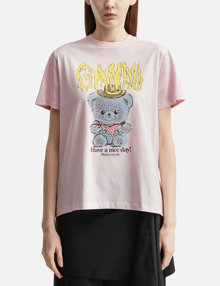 Ganni Teddy Cotton Jersey T-Shirt - 有機棉寬鬆短袖，前幅泰迪熊印花，葡萄牙製造，粉筆粉紅 | HBX