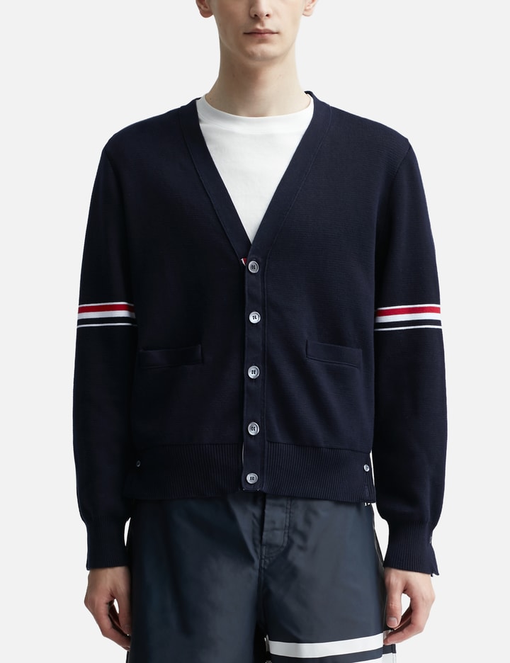 Thom Browne - Cotton Milano Stitch Stripe Armband V-Neck Cardigan | HBX ...
