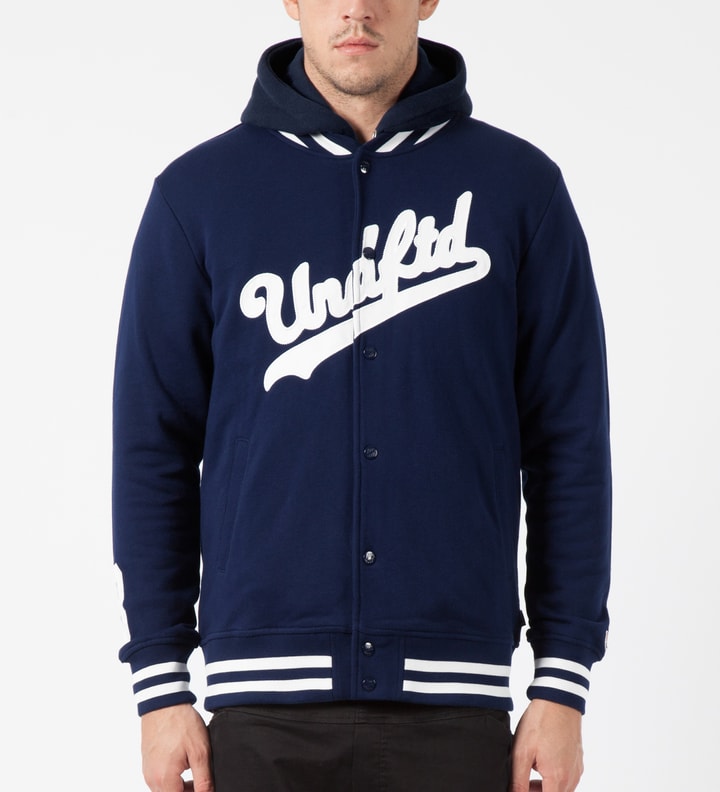 Undefeated - Navy Script Varsity Jacket | HBX - Globally Curated Fashion and Lifestyle by Hypebeast