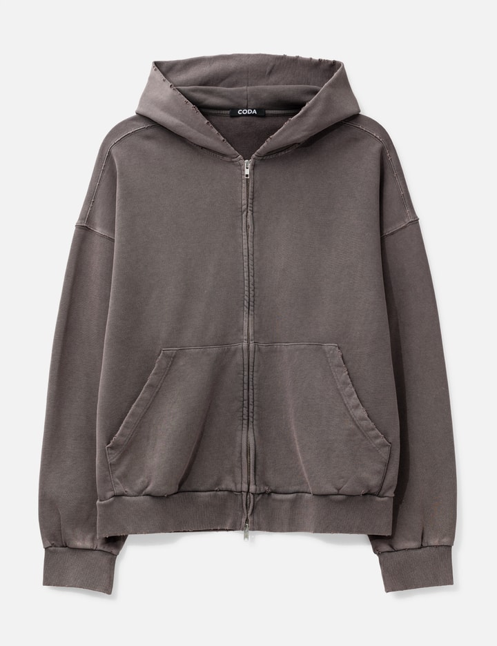 CODA Brown Washed Distressed Zip Up Hoodie - 寬鬆重磅棉做舊拉鏈帽衫，香港製造 | HBX