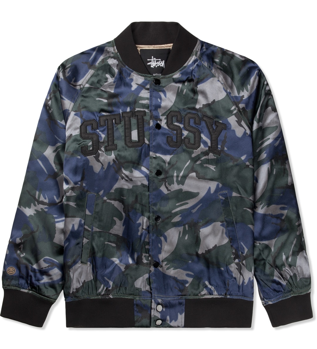 Stüssy - Blue Camo Satin Bomber Jacket | HBX - Globally Curated Fashion ...