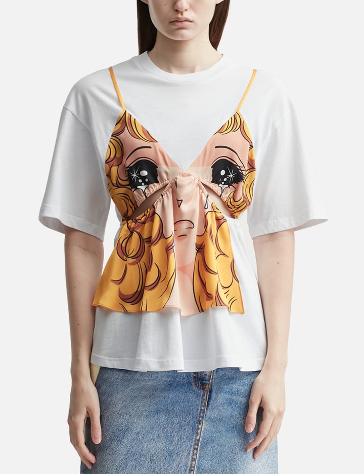 pushBUTTON Crying Girl Slip Layered Top - 白色層次短袖上衣，前幅挖空配彈性帶，腰部鬆緊設計 | HBX