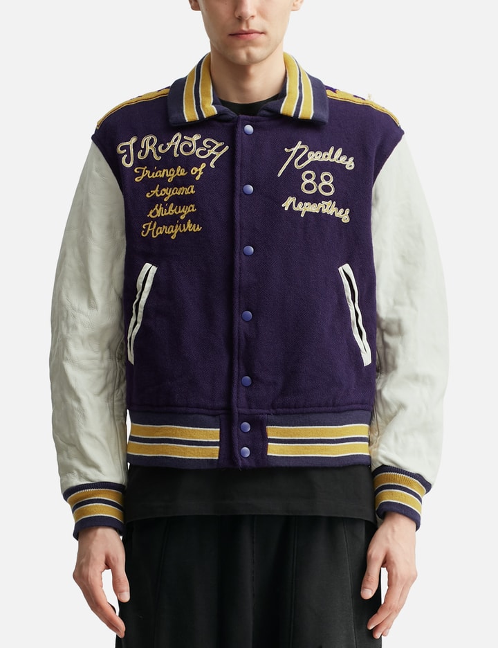 Needles Lettered Jacket - Purple melton wool varsity jacket with embroidered graphics | HBX