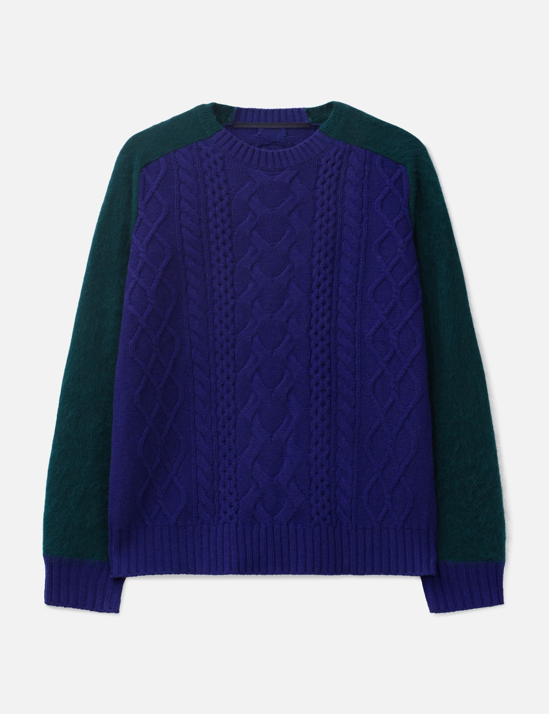 Sacai Angora Sleeve Cable Knit Jumper - Blue wool sweater with angora ...