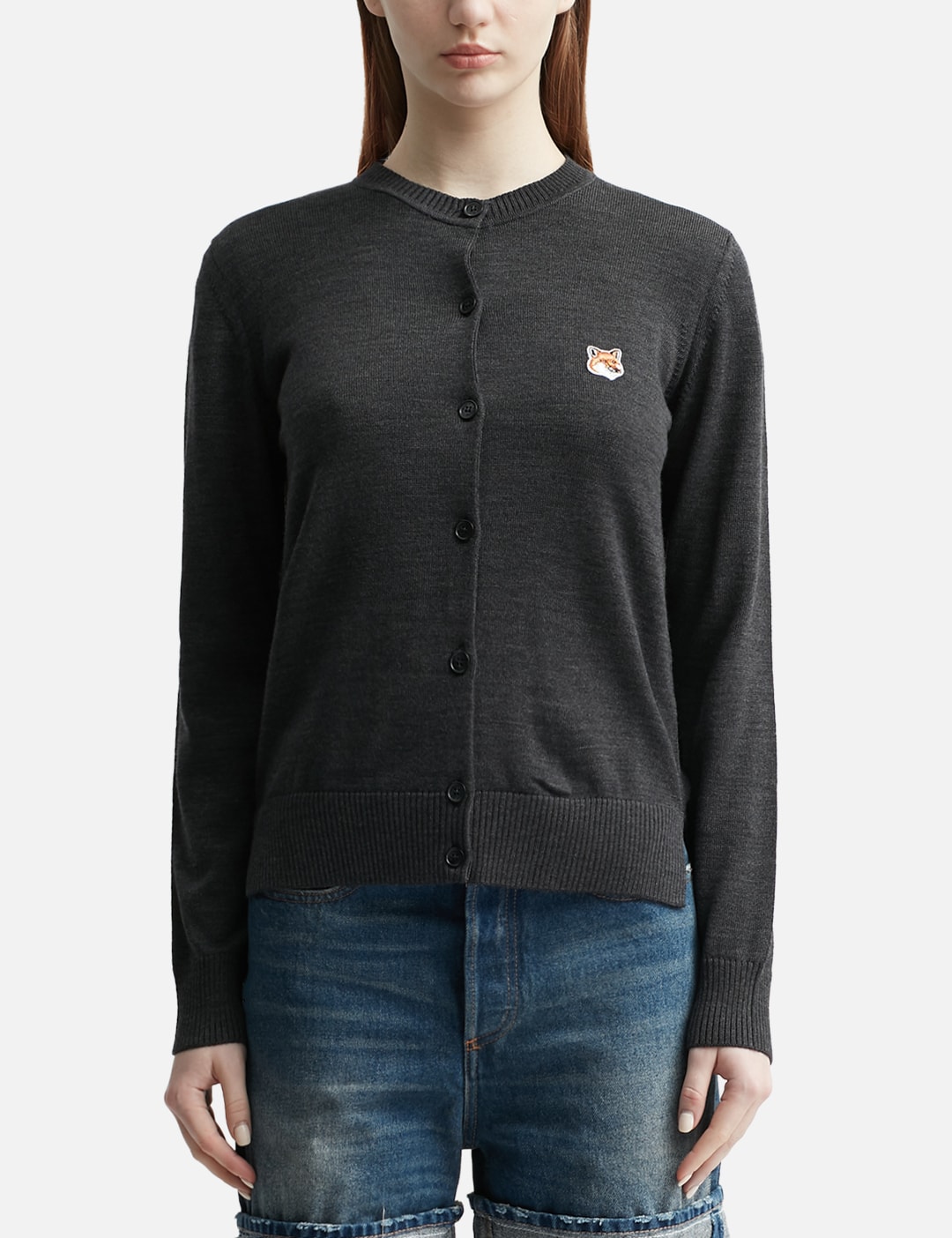 Maison Kitsuné - Fox Head Patch Adjusted R-Neck Cardigan | HBX ...