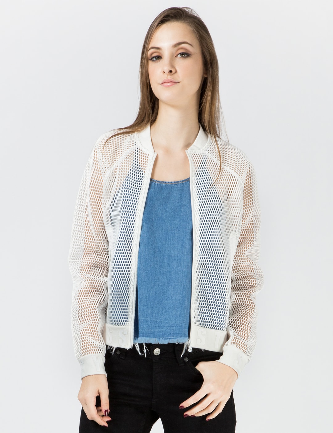 Stüssy - White Mesh Bomber Jacket | HBX - Globally Curated Fashion and ...